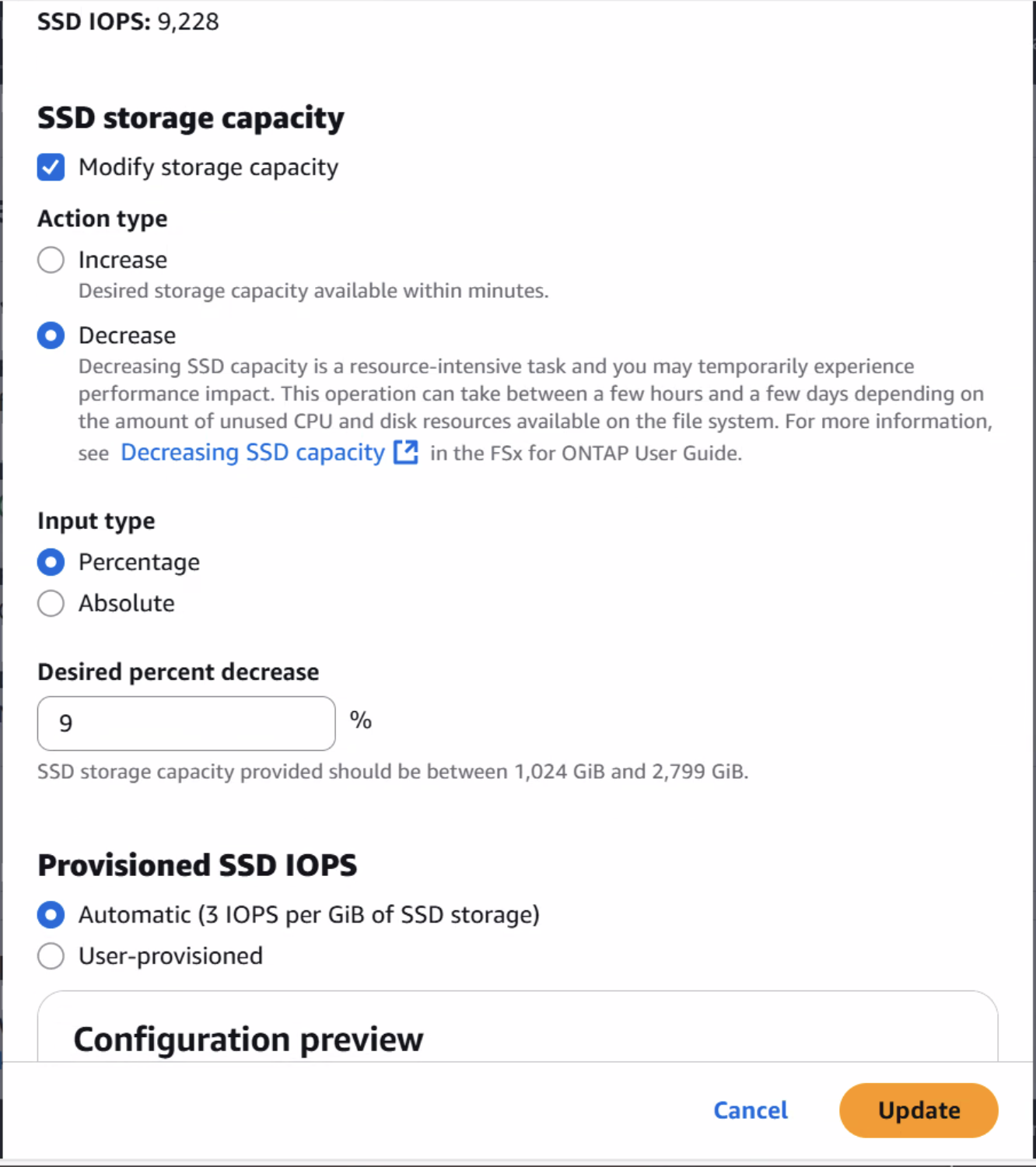 Decreasing SSD storage capacity provisioned on Amazon FSx for NetApp ...